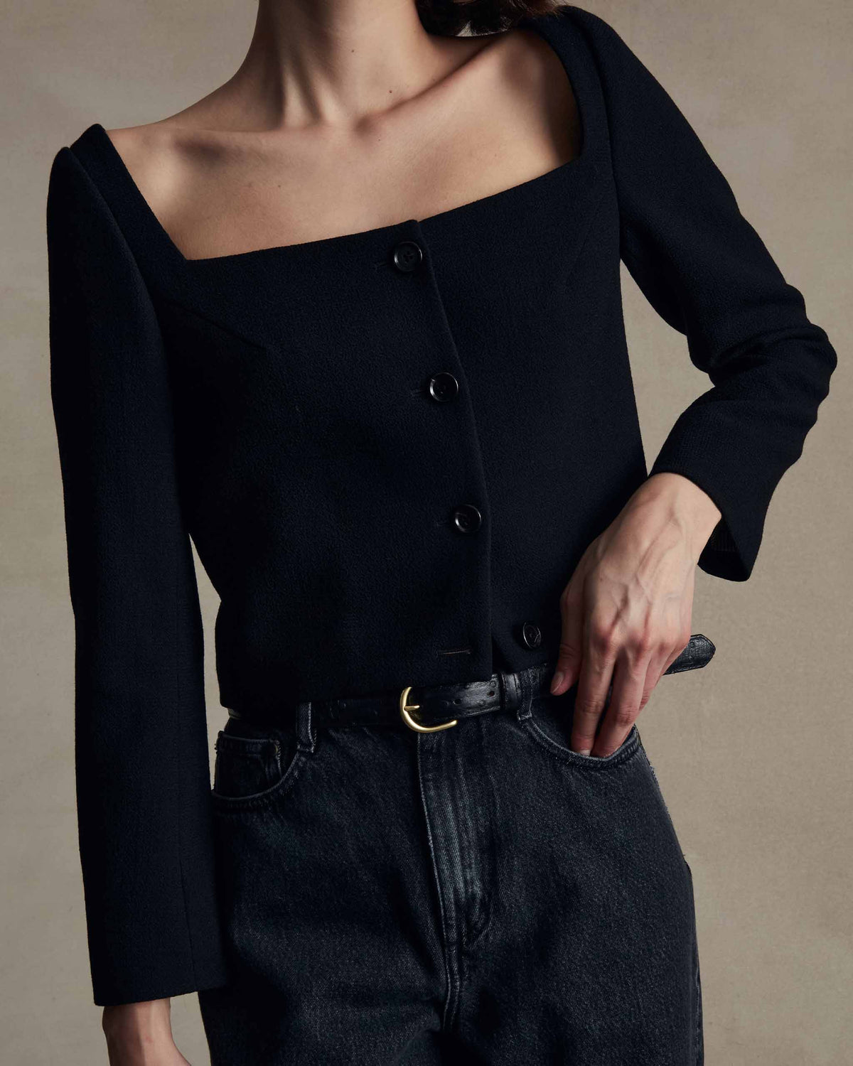 Black Crepe Square Neck Jacket | P Johnson
